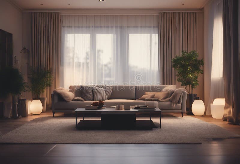 Modern Evening Interior of Living Room 3d Render Stock Illustration ...