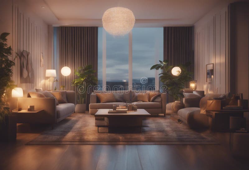 Modern Evening Interior of Living Room 3d Render Stock Illustration ...