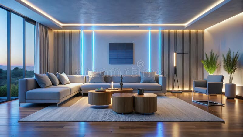 Modern Evening Living Room with Ambient Lighting and Sectional Sofa ...