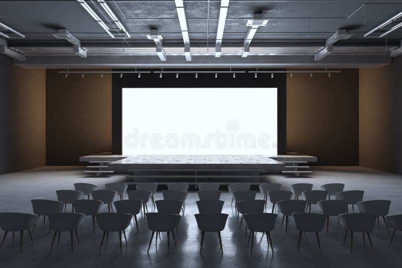 Modern Event Hall with Blank Screen on Stage and Scattered Seating ...