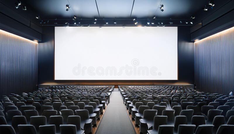 Modern Event Hall with Blank Screen on Stage and Scattered Seating ...