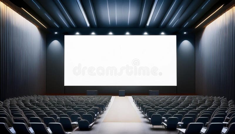 Modern Event Hall with Blank Screen on Stage and Scattered Seating ...