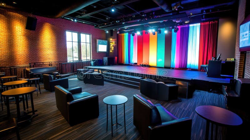 Modern Event Space with Stage, Seating, and Colorful Backdrop Stock ...