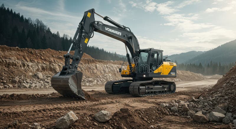 Modern Excavator at Construction Site Surrounded by Mountainous Terrain ...