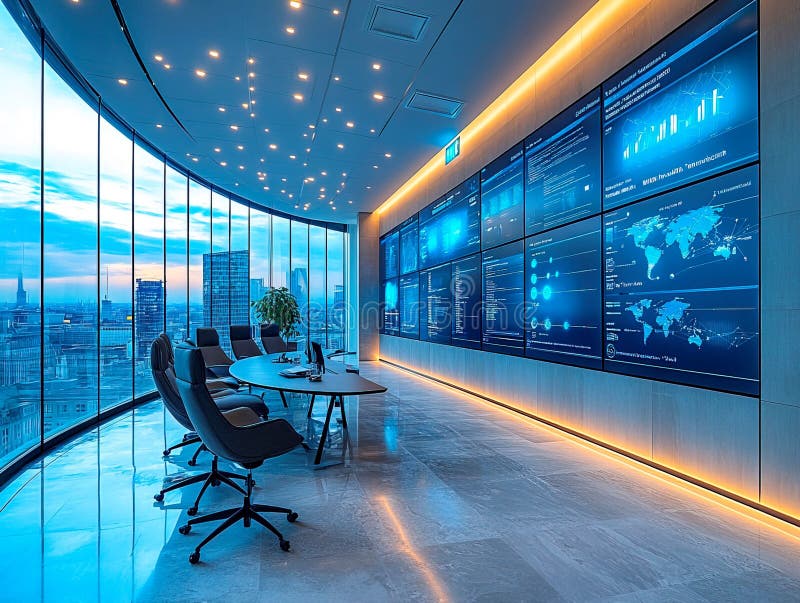 Modern Executive Boardroom with a Curved Desk, Ergonomic Chairs, and a ...