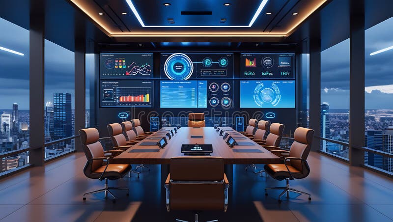Modern Executive Boardroom with Interactive Displays and City Views ...