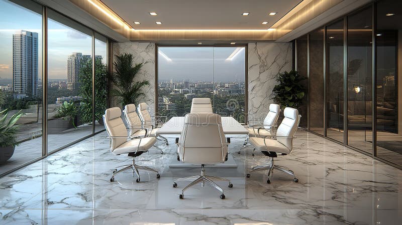 Modern Executive Boardroom with Panoramic City Views Stock Illustration ...