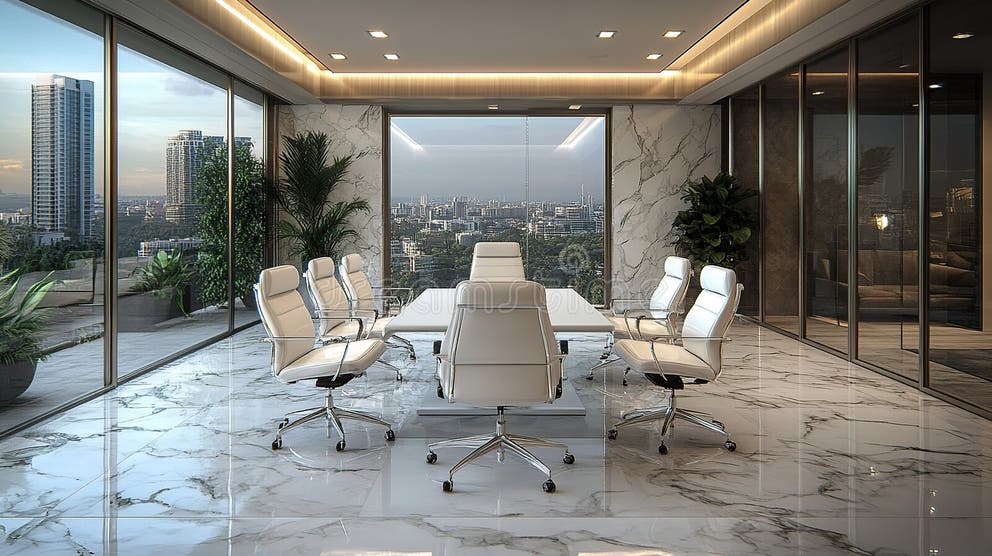 Modern Executive Boardroom with Panoramic City Views Stock Illustration - Illustration of white ...
