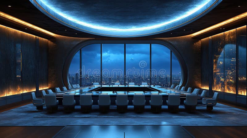 Modern Executive Boardroom with Panoramic City Views at Night Stock ...