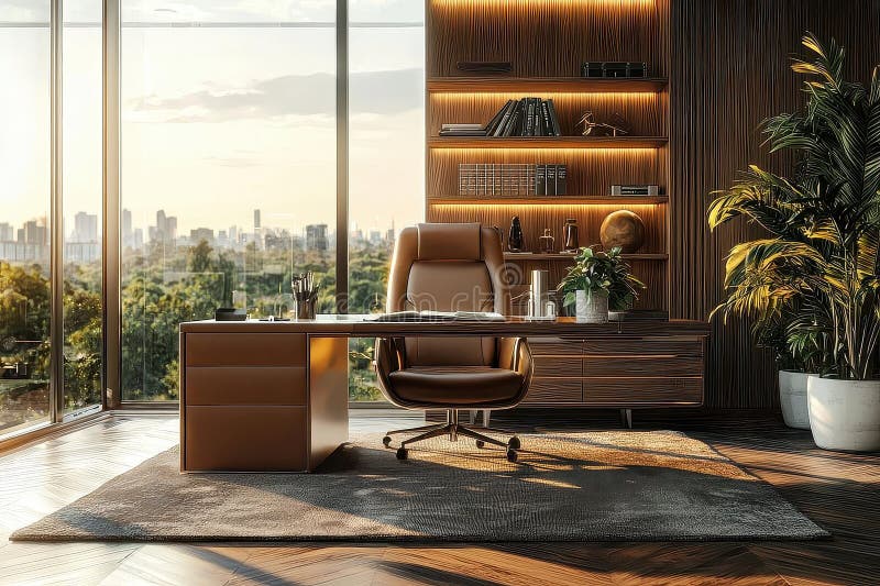 Modern Executive Office Design with Warm Wood Accents and a City View ...