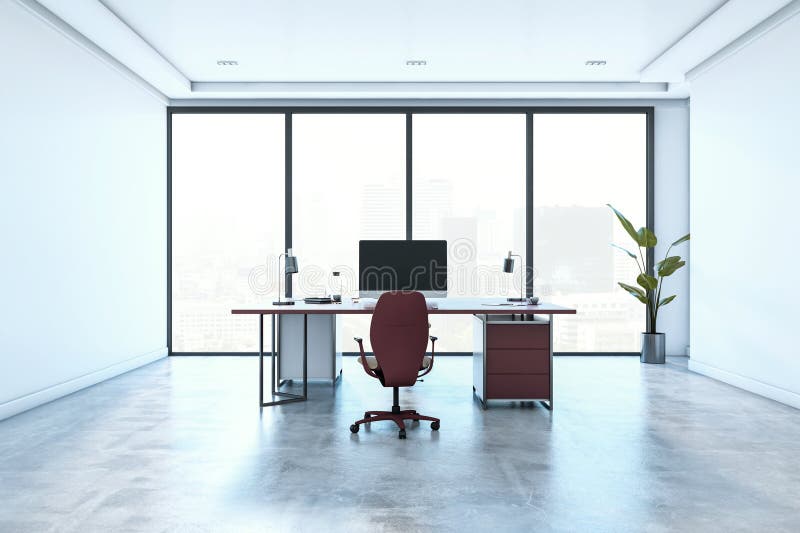 Modern Executive Office with Desk, Chair, and Computer, Featuring Large ...