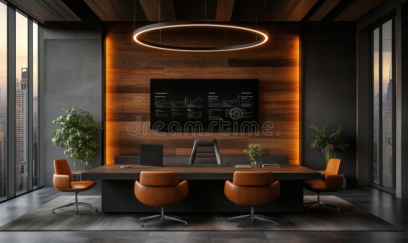 Modern Executive Office Interior with Sleek Design and City Skyline ...