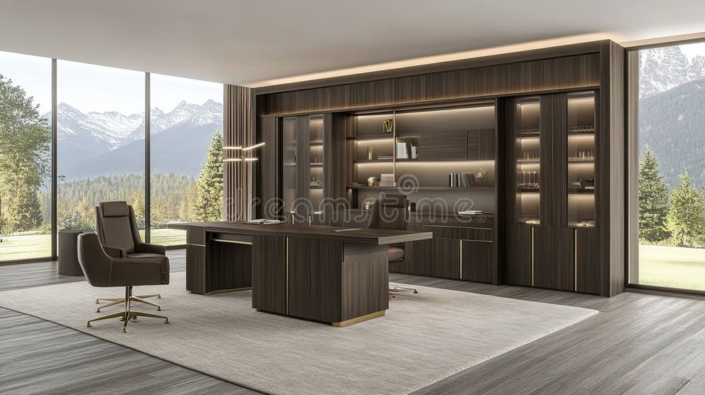 Modern Executive Office, Mountain View, Desk, Bookcase, Luxury Stock ...