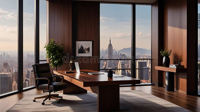 Modern Executive Office with Panoramic City Views Stock Illustration ...