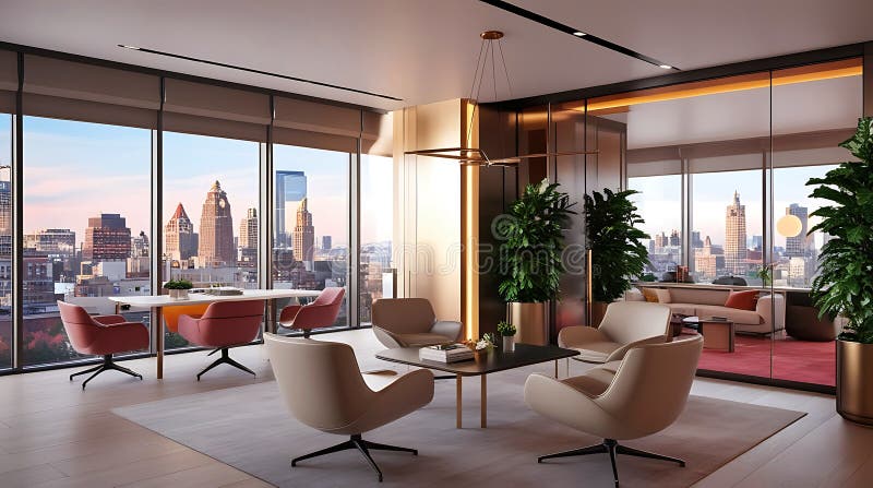 Modern Executive Office with Panoramic City Views Stock Illustration ...