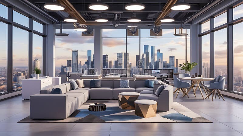 Modern Executive Office with Panoramic City Views Stock Illustration - Illustration of cityscape ...