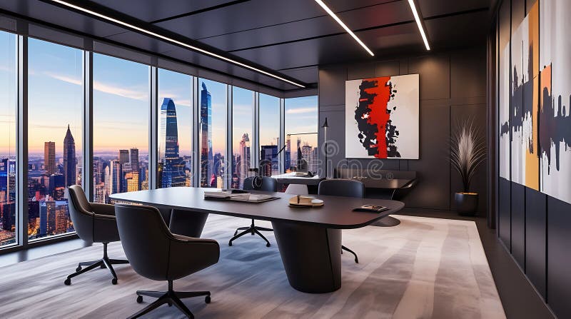 Modern Executive Office with Panoramic City Views Stock Illustration ...