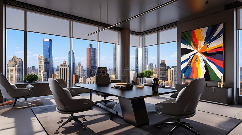 Modern Executive Office with Panoramic City Views Stock Illustration ...
