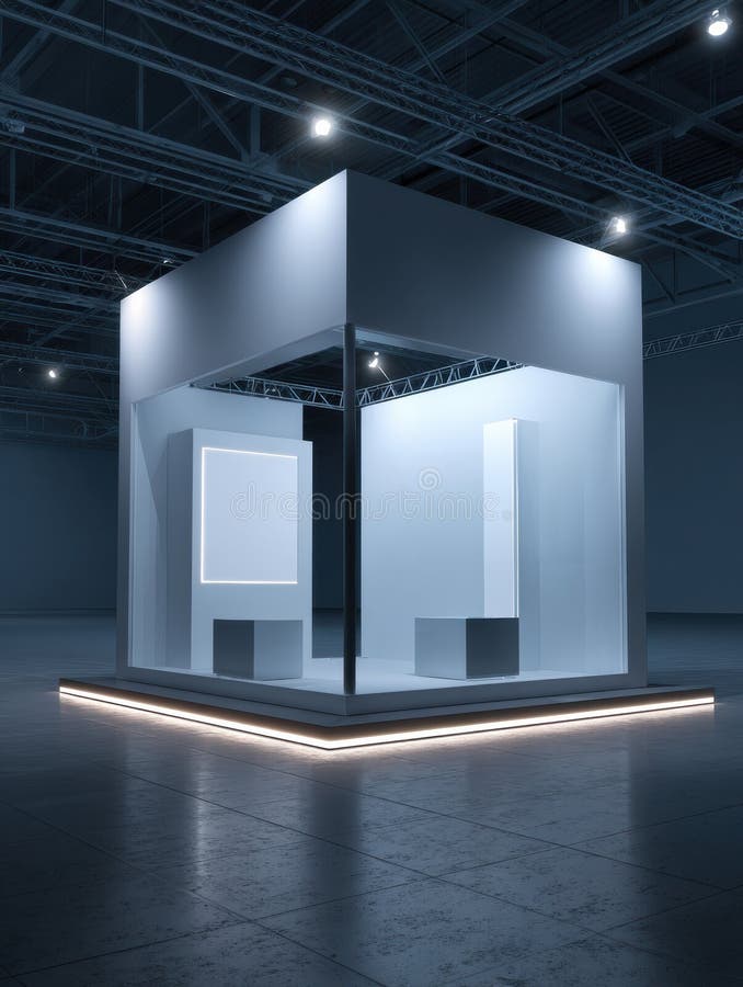 Modern Exhibition Booth with Digital Screens and Focused Lighting ...