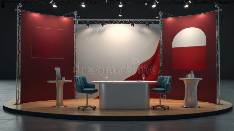 A Modern Exhibition Booth Featuring a Circular Stage, Sleek White Table ...