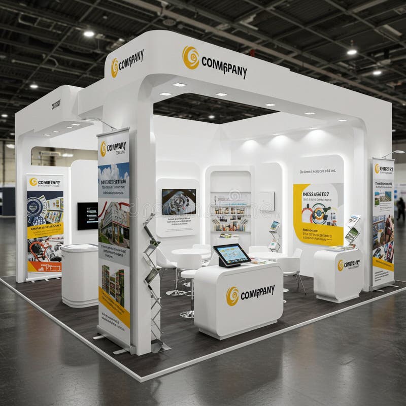 Modern Exhibition Booth Featuring Sleek White Structures with Rounded ...