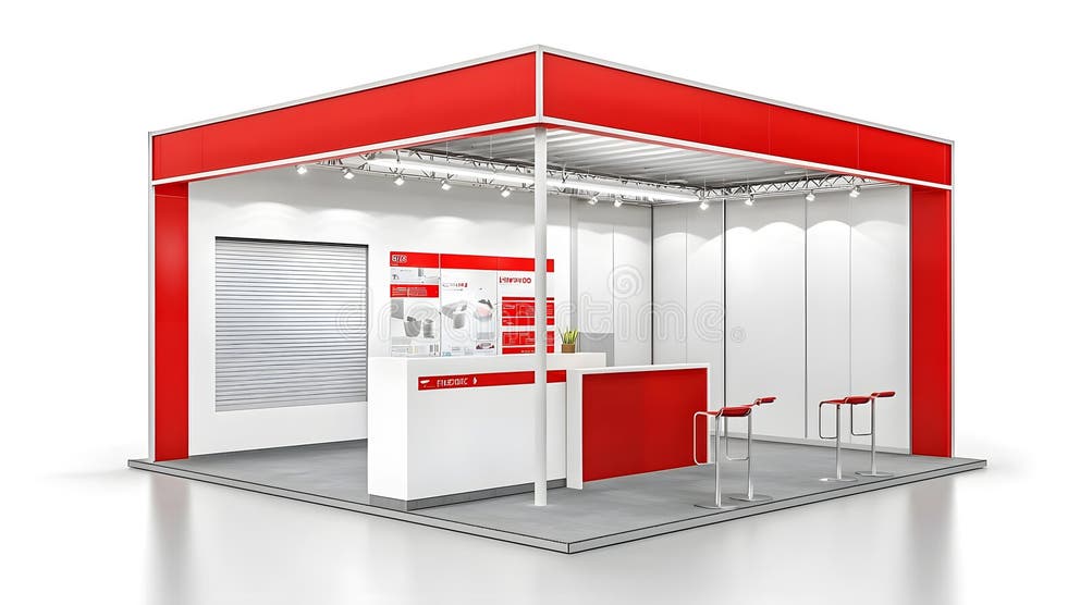 Modern Exhibition Booth with Red and White Design Stock Illustration ...