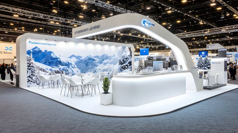Modern Exhibition Booth Showcasing a Snowy Mountain Theme. Stock ...