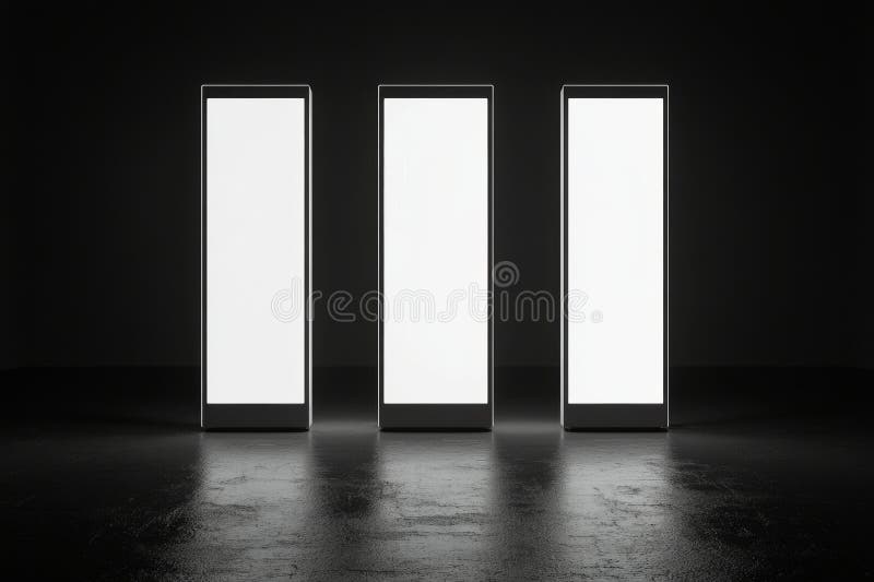 A Modern Exhibition Hall Bathed in Darkness Features Bright Vertical ...