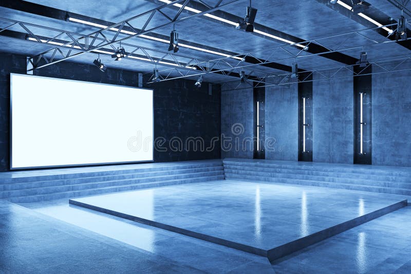 Modern Exhibition Hall with Blank LED Screen and Concrete Stage in Blue ...