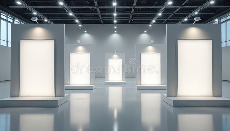 Modern Exhibition Hall Setup with Illuminated Display Booths Ready for ...