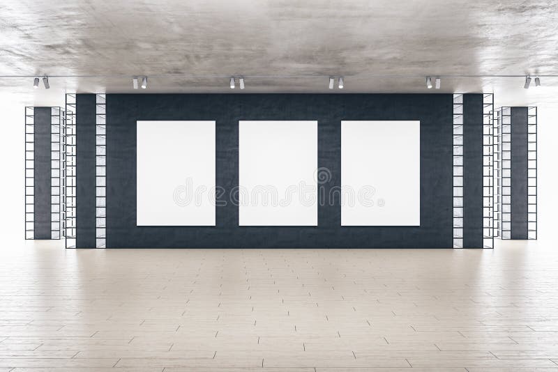 Modern Exhibition Interior with Ceiling Point Light and Three Blank ...