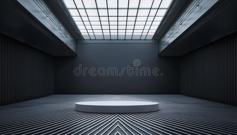 Modern Exhibition Space with Central Podium Under Skylight in Dark ...