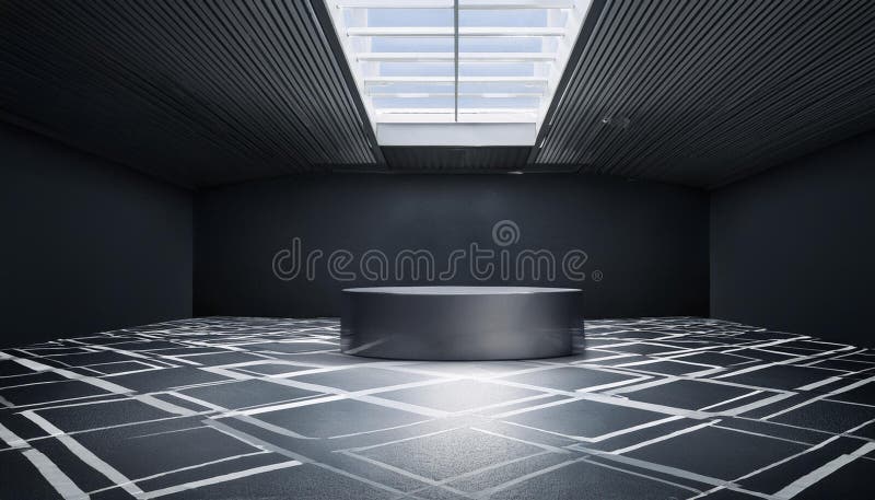 Modern Exhibition Space with Central Podium Under Skylight in Dark ...