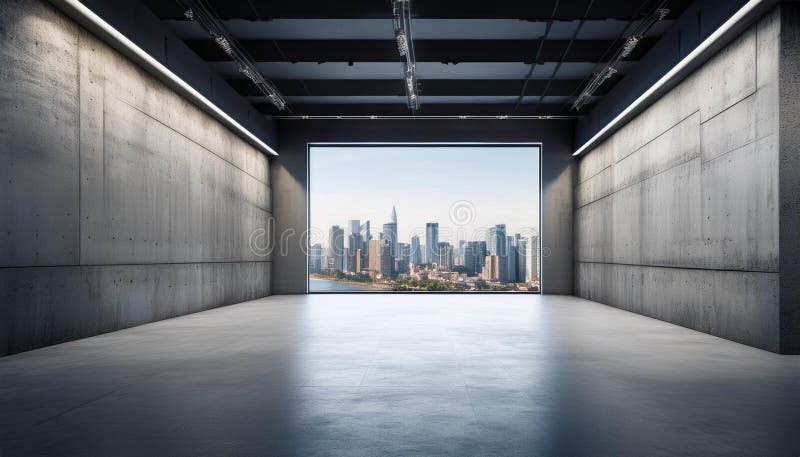 Modern Exhibition Space with a Concrete Wall and City View. 3D ...