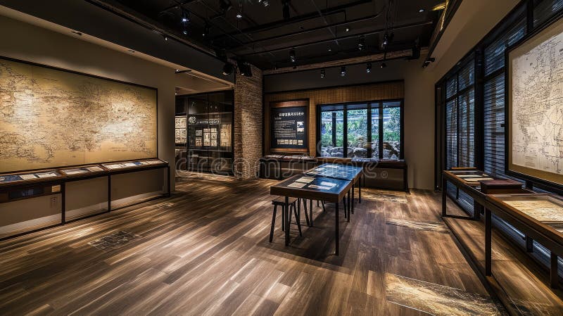 Modern Exhibition Space with Maps and Displays Stock Illustration ...