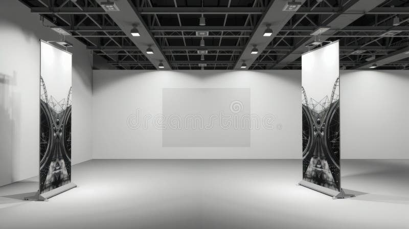 Modern Exhibition Space with Rollup Standees Showcasing Artwork Stock ...