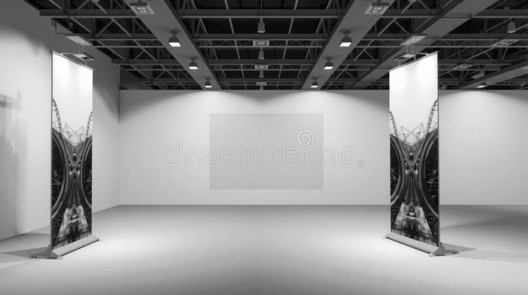 Modern Exhibition Space with Rollup Standees Showcasing Artwork Stock ...