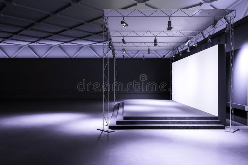 Modern Exhibition Space with Stage and Lighting in a Dark Hall. 3D ...