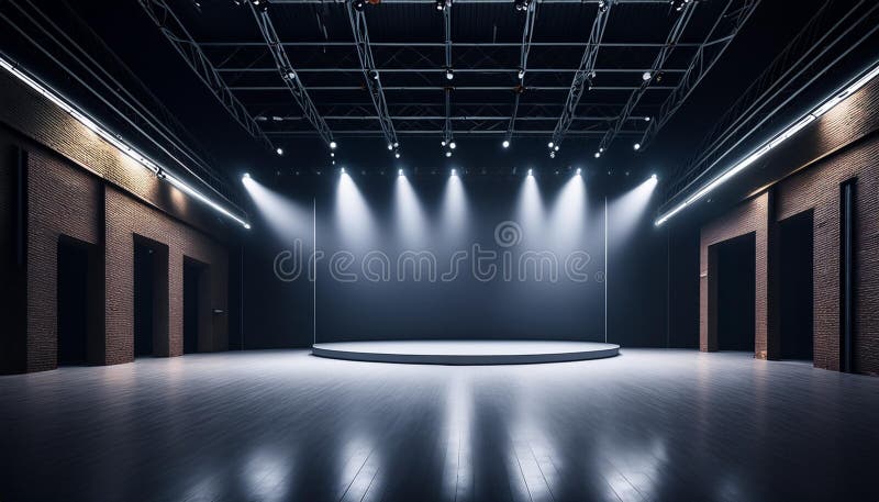 Modern Exhibition Space with Stage and Lighting in a Dark Hall. 3D ...