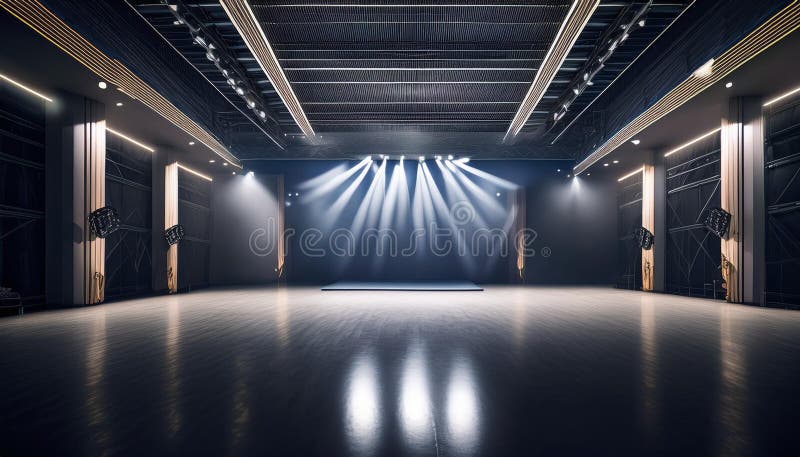 Modern Exhibition Space with Stage and Lighting in a Dark Hall. 3D ...