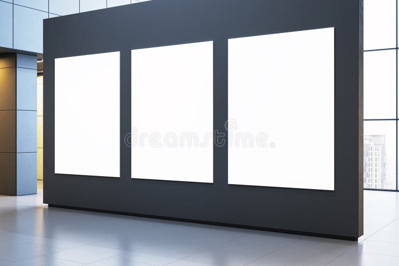 Modern Exhibition Space with Three Blank Vertical Posters on a Dark ...