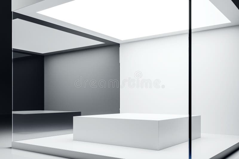 Modern Exhibition Space with White Podium and Dark-grey Walls ...