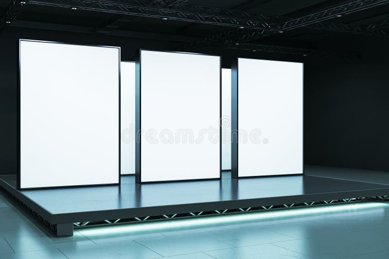 Modern Exhibition Stage with Blank Lighted Panels for Display in Dark ...