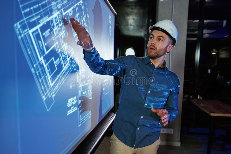 Modern Exterior. Man Architect in Hard Hat is Near Projector with ...