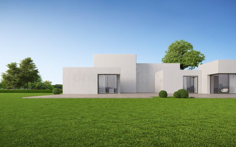 Modern Exterior of White Boxes House with Lawn and Blue Sky Stock ...
