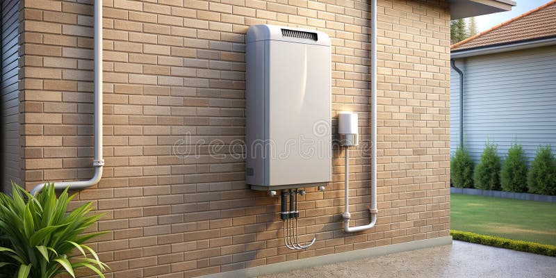 Modern External Continuous Flow Gas Water Heater Mounted on House Wall ...