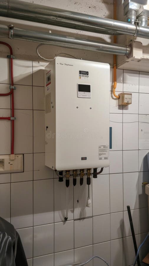 Modern External Continuous Flow Gas Water Heater Mounted on House Wall ...