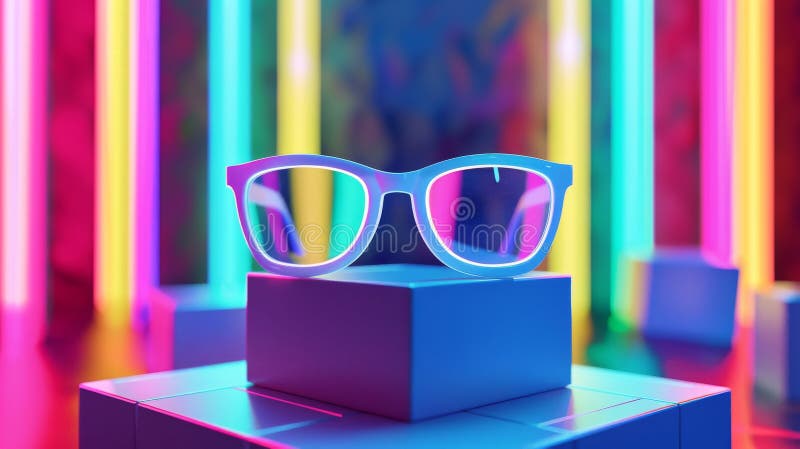 Modern Eyeglasses on Blue Boxes with Neon Lights Background, Futuristic ...
