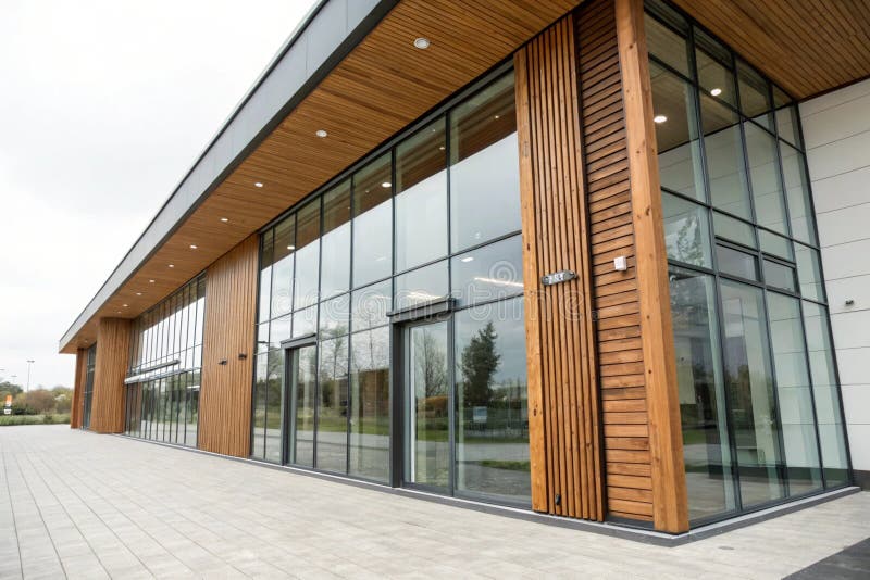 Modern Facade with Glass and Wood Cladding Stock Illustration ...