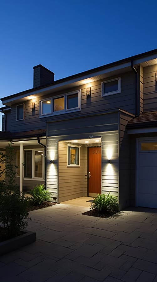 The Modern Facade with Solar Up-Lighting Stock Photo - Image of ...